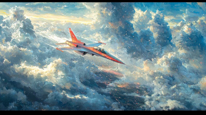 A Fighter Jet Soars through a Colorful Cloudy Sky Stock Illustration ...
