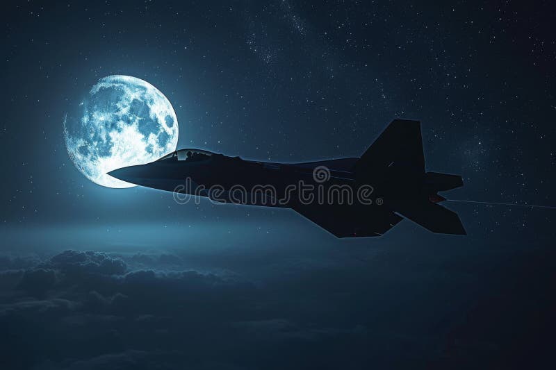 A Fighter Jet Soars through the Sky Against the Backdrop of a Full Moon ...
