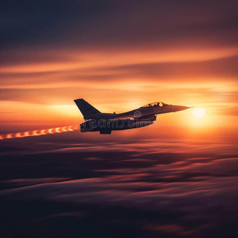 Fighter Jet Soars through Sky Sunset Leaving Trail Light Behind it Sun ...