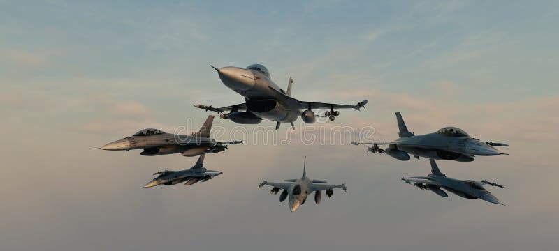 Fighter Jet Squadron Flying in Line in the Sky. 3d Stock Illustration ...