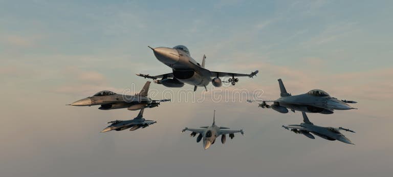 Fighter Jet Squadron Flying in Line in the Sky. 3d Stock Illustration ...