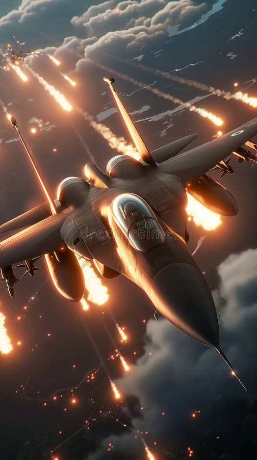 Fighter Jet with Flares in Clouded Sky Stock Image - Image of escape ...