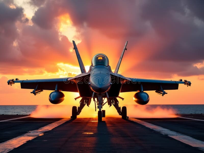 Fighter Jet at Sunset on Aircraft Carrier Runway with Dramatic Sky ...