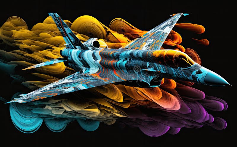 Fighter Jet Surrounded by Abstract Waves of Color on a Black Background ...