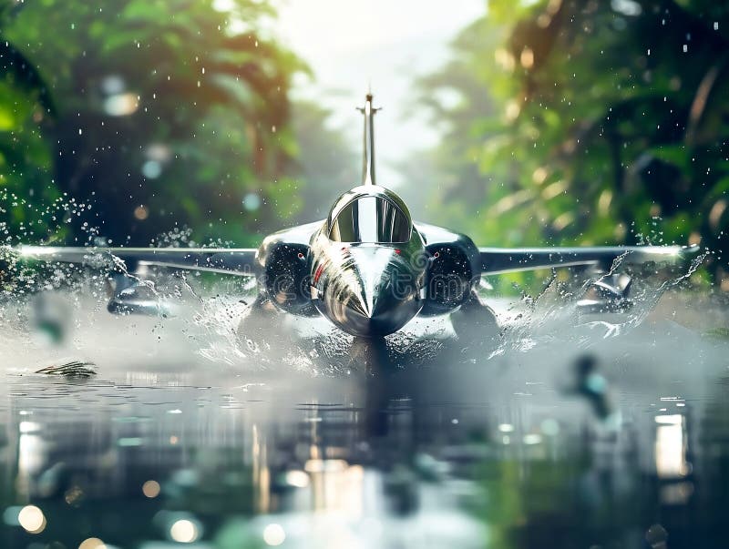 A Fighter Jet Takes Off from the Water in the Forest. a Military Plane ...