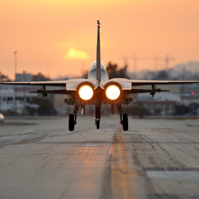Fighter Jet Taking Off at Sunset with Glowing Engines. Stock Image ...