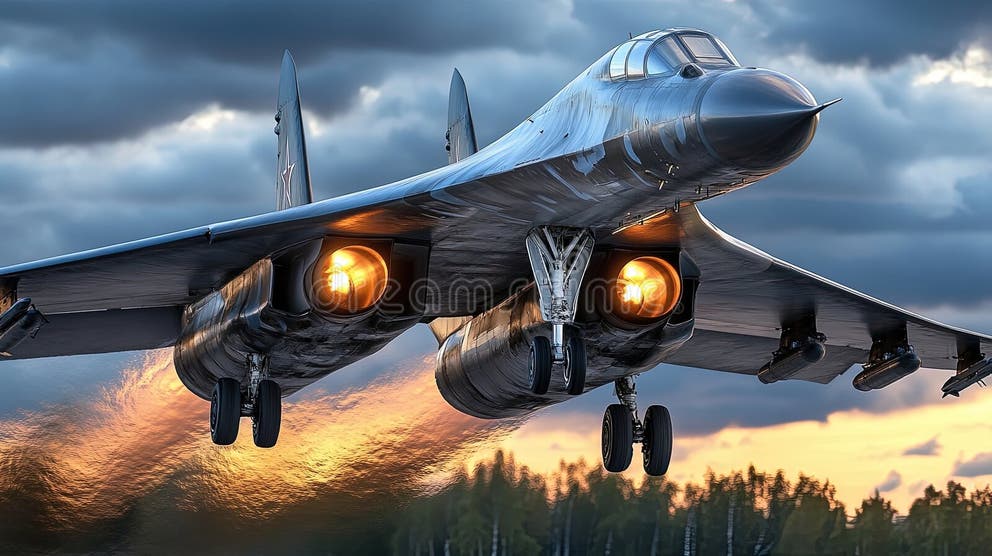 Fighter Jet Taking Off with Thrusters Glowing in Sunset Sky Stock ...
