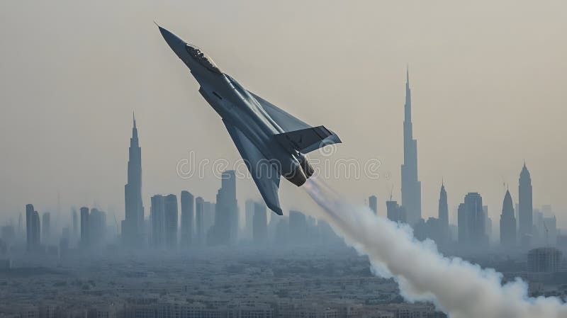 Fighter Jet in Vertical Ascent Over Dubai Skyline Stock Illustration ...
