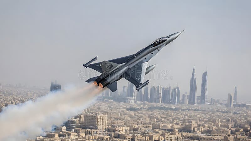 Fighter Jet in Vertical Ascent Over Dubai Skyline Stock Illustration ...