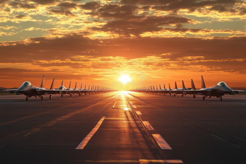 Fighter Jets Aligned on Runway at Sunset Stock Photo - Image of ...