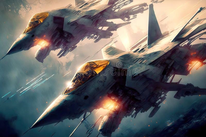 Fighter Jets Attack in Air Over Clouds at High Altitude Stock ...