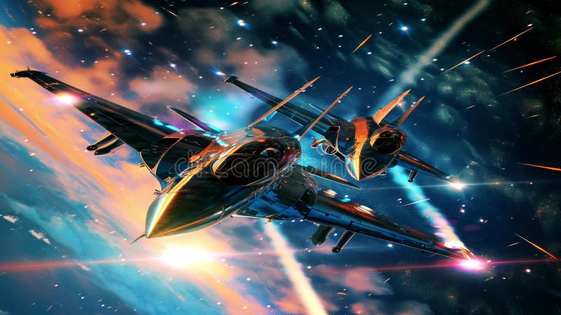 Fighter Jets Fly in the Sky Patrolling Against a Backdrop of Sunlight ...