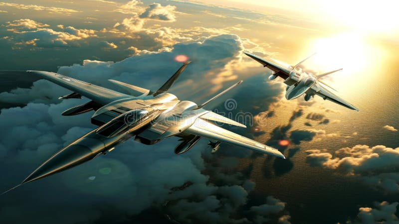 Fighter Jets Fly in the Sky Patrolling Against a Backdrop of Sunlight ...