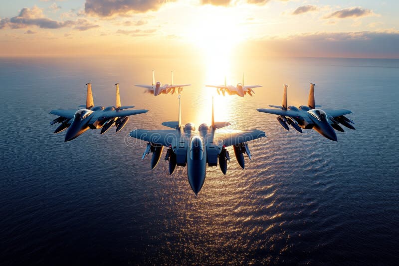 Fighter Jets Flying in Formation Over Ocean Stock Image - Image of ...