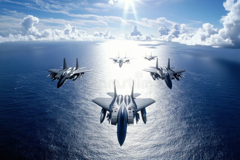 Fighter Jets Flying in Formation Over Ocean Stock Photo - Image of ...