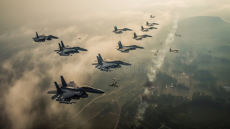 Fighter Jets Flying in a Military Combat Zone. Bomber Plane with ...