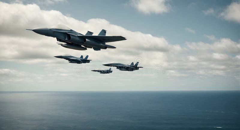 Fighter Jets Flying Over the Ocean Stock Illustration - Illustration of ...