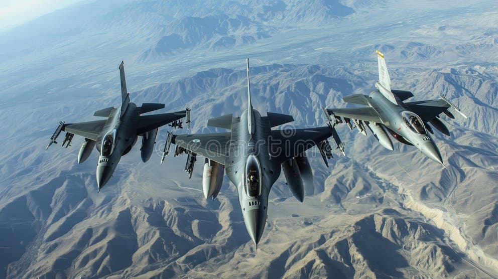 Fighter Jets Formation Flying Over Mountainous Terrain Stock Image ...
