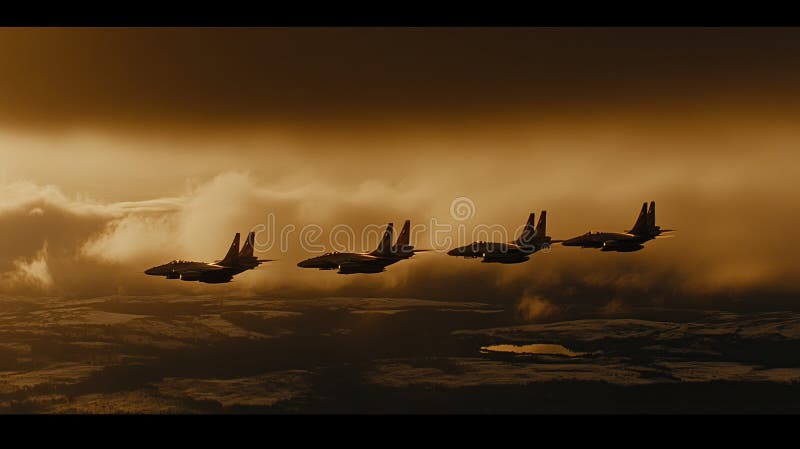 Fighter Jets Formation Sunset Flight Clouds Military Stock Photo ...