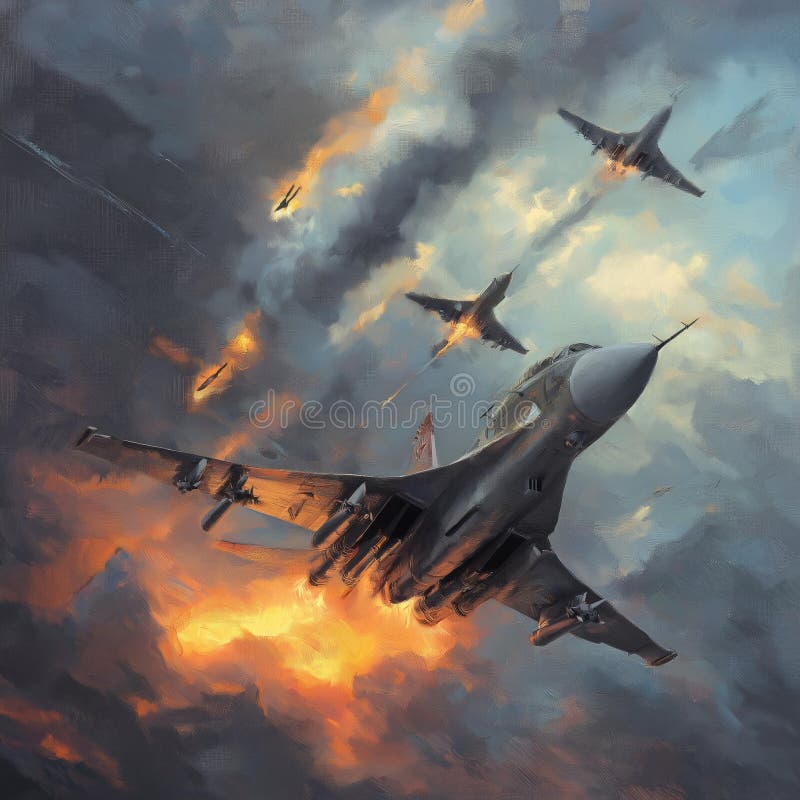 Fighter Jets in Battle Skies with Fire and Smoke Trails Stock Photo ...