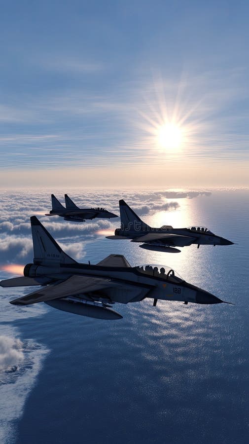 Fighter Jets Perform a Dynamic Display Over the Ocean, Launching ...