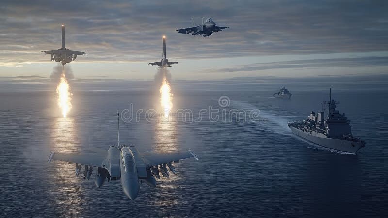 Fighter Jets Perform a Dynamic Display Over the Ocean, Launching ...