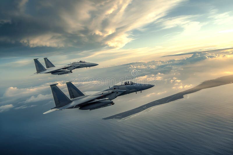 Fighter Jets Soar Over the Sea Stock Illustration - Illustration of ...