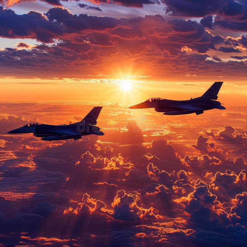 Fighter Jets Soaring through Dramatic Clouds at Sunset Over the Horizon ...
