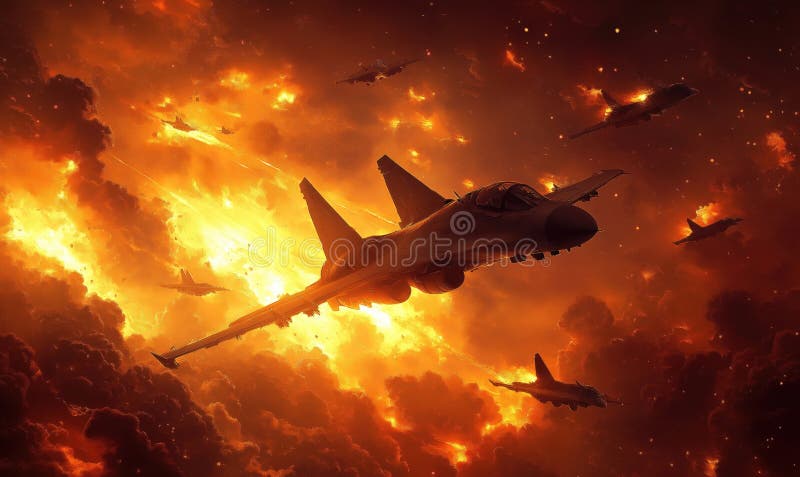 Fighter Jets Soaring through Fiery Explosion in Dramatic Sky Scene ...
