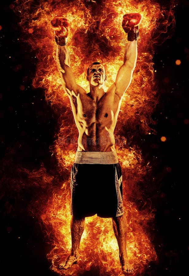 Fighter Man in Fire. Sport Advertising Stock Photo - Image of flame ...