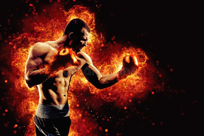 Fighter Man in Fire. Sport Advertising Stock Image - Image of action ...