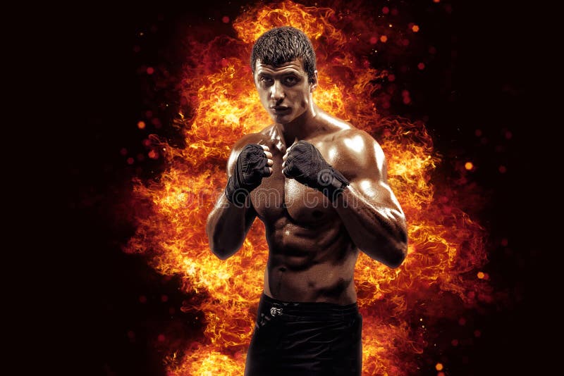 Fighter Man Punching in Fire Stock Photo - Image of energy, action ...