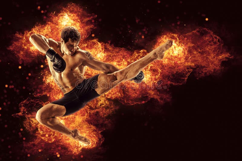 Fighter Man Punching in Fire. MMA Fighter Stock Photo - Image of ...