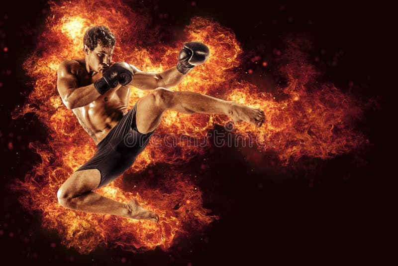 Fighter Man Punching in Fire. MMA Fighter Stock Photo - Image of muay ...