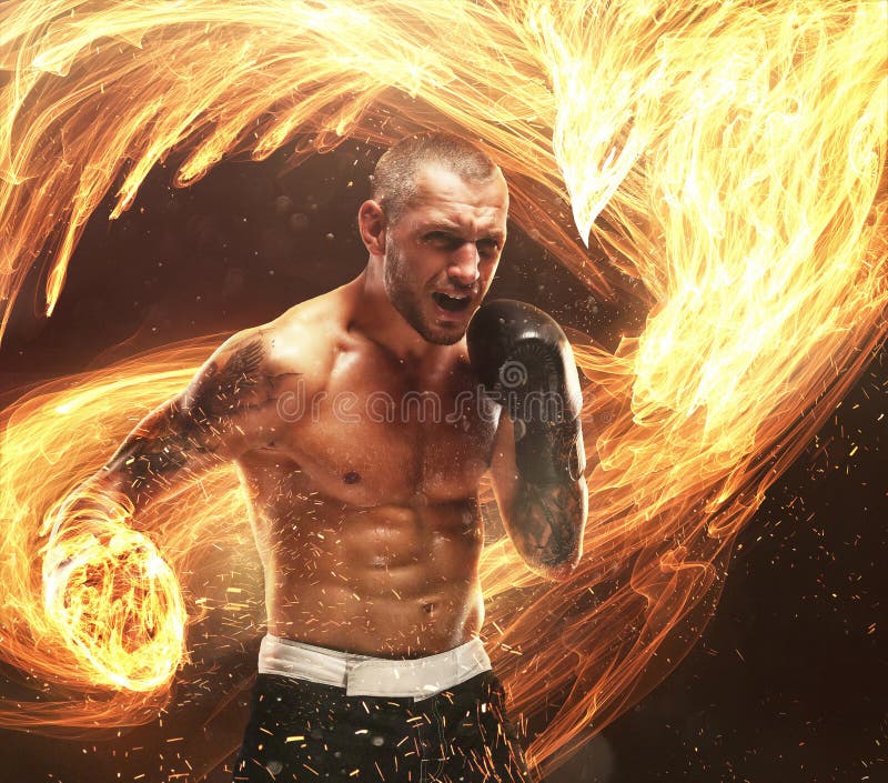 Fighter with Phoenix Fire Bird on Background. Stock Image - Image of ...