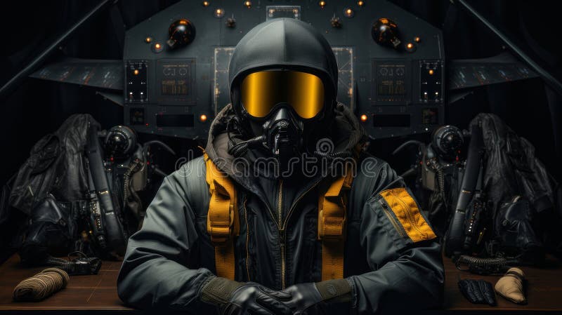 Fighter Pilot in Full Gear Sitting Inside Aircraft Cockpit with Modern ...