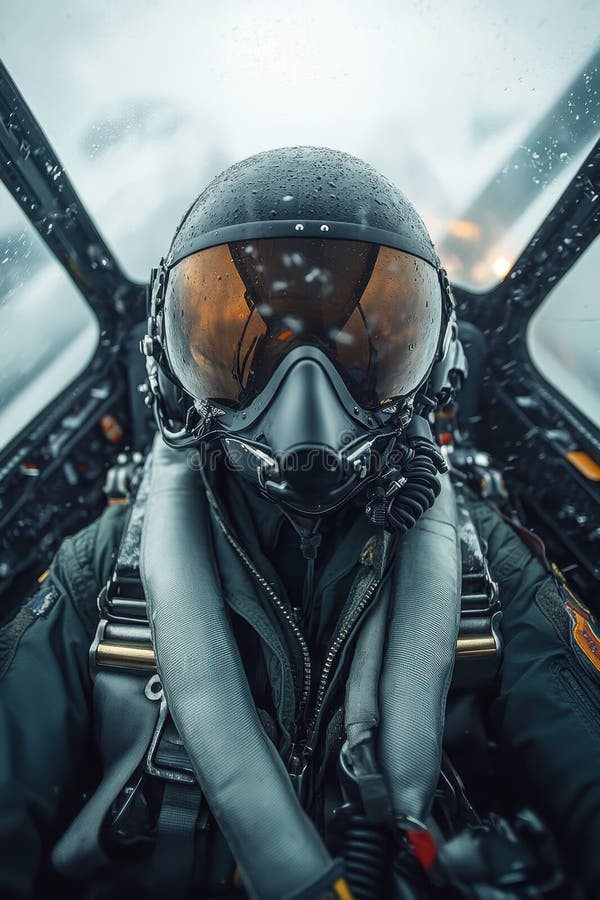 Fighter Pilot Prepares for Flight in Heavy Rain with Helmet and Visor ...