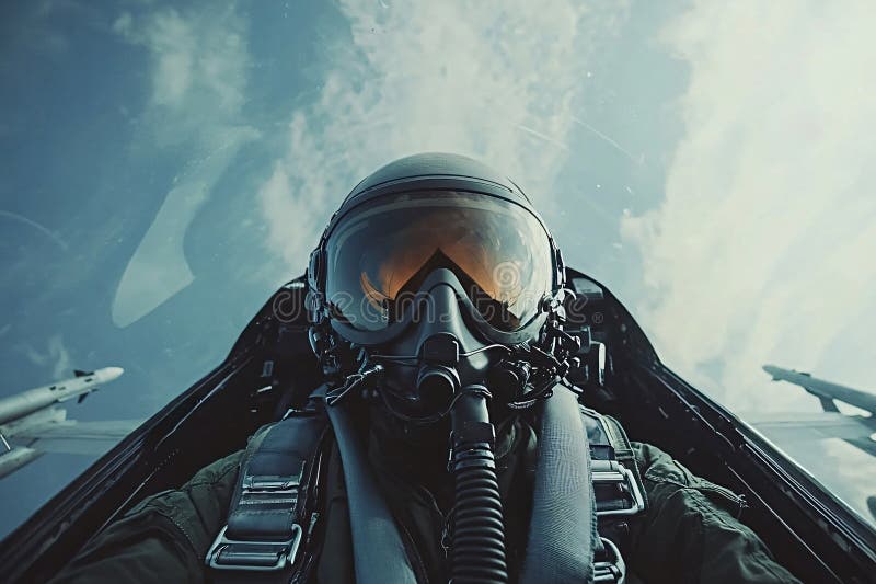 Fighter Pilot Wearing Helmet and Oxygen Mask Flying through Sky Stock ...
