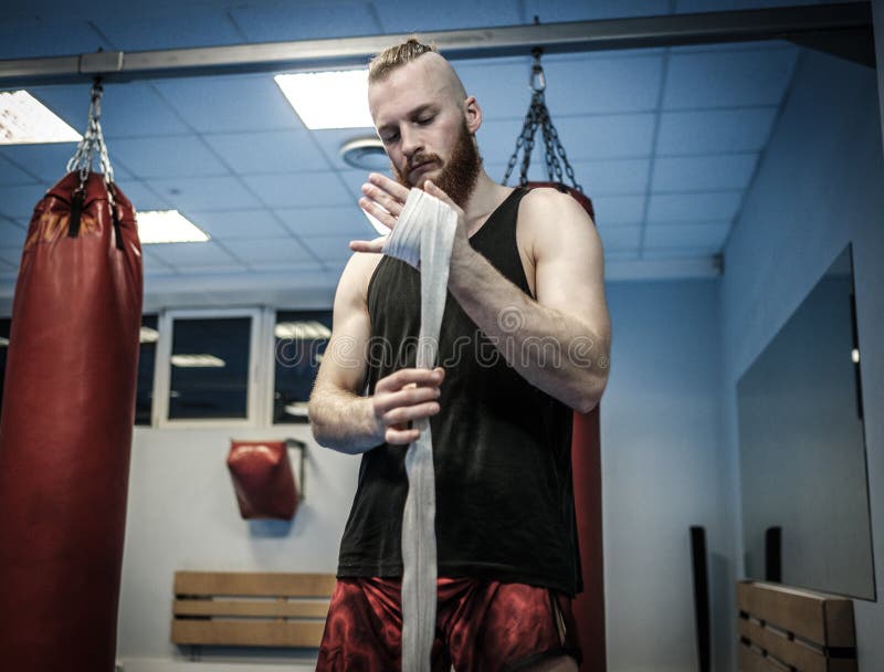 Fighter Preparing for Training, Wrapping Hands with Boxing Wraps Stock ...