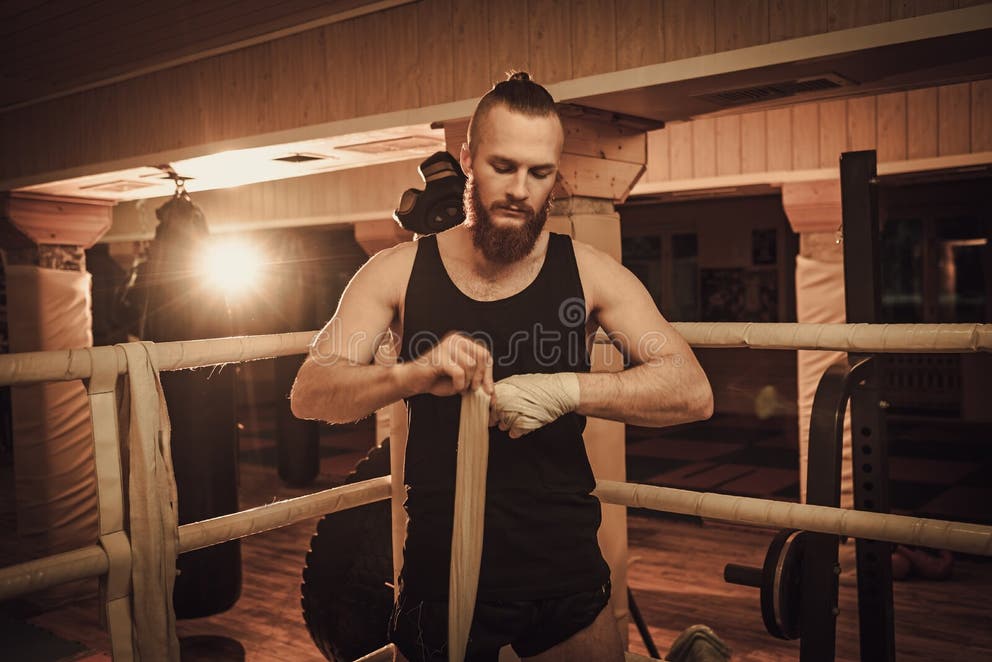 Fighter Preparing for Training, Wrapping Hands with Boxing Wraps Stock ...