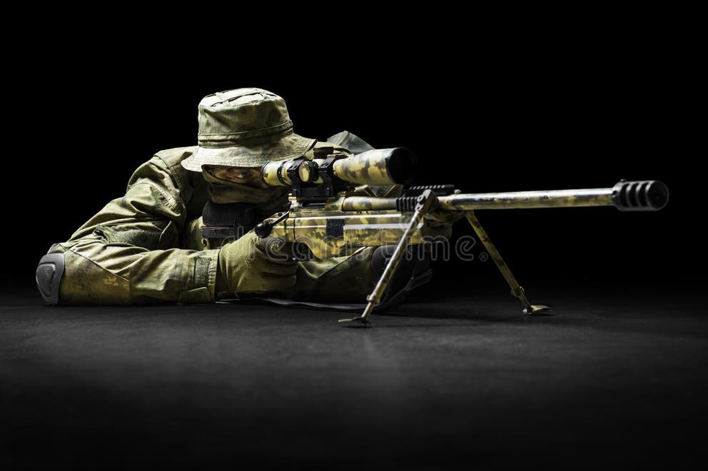 Fighter of a Special Unit is Aiming at the Sight of the Machine Gun ...