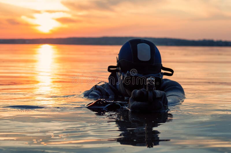 Fighter of a Special Unit Leaves the Water and Prepares for the Start ...