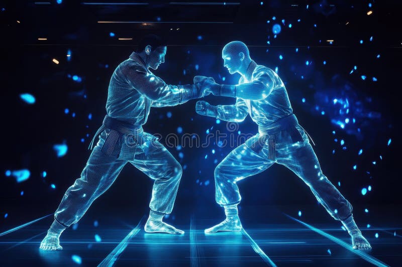 Fighters Engage in a Virtual Combat Display on a Glowing Digital Stage ...