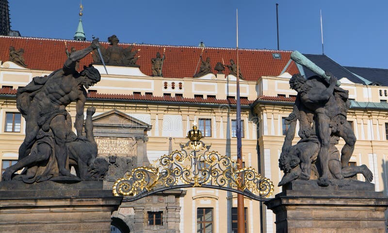 Fighting Giants Statues on Prague Castle Gate. Panorama. Stock Image ...