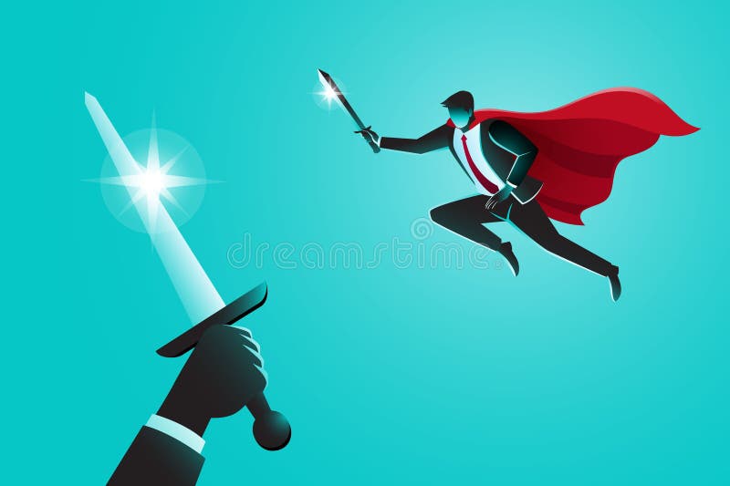 Fighting Swords between Winged Businessman with Big Hand Stock Vector ...