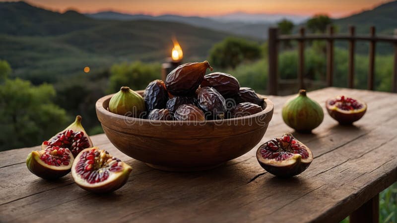 Sunset Still Life: Figs, Pomegranate, and Rustic Wooden Table Stock ...