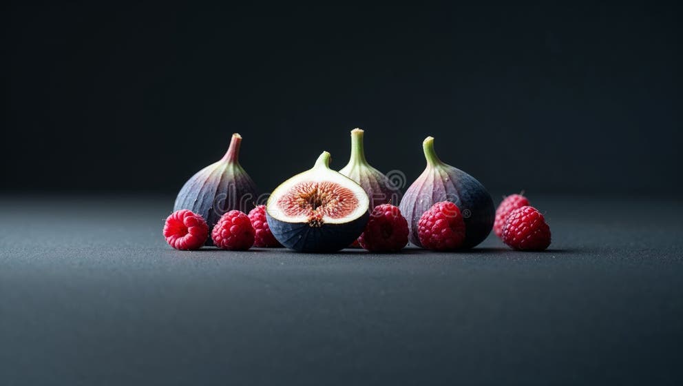 Figs and Raspberries Arranged on Dark Surface Stock Photo - Image of ...