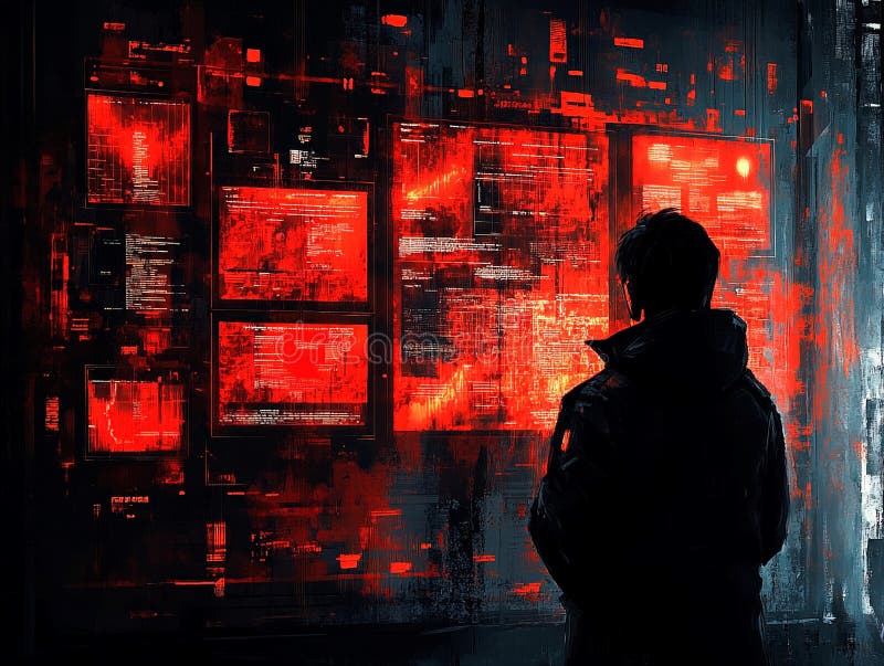 A Figure in Advanced Tech Garment with Glowing Elements, Facing a Wall ...