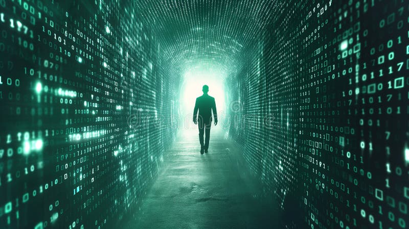 A Figure Approaches a Bright Light in a Tunnel of Binary Code, Representing Digital Exploration ...