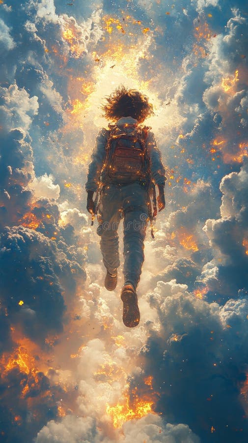 Figure Ascending through Glowing Clouds with Backpack Stock Image ...